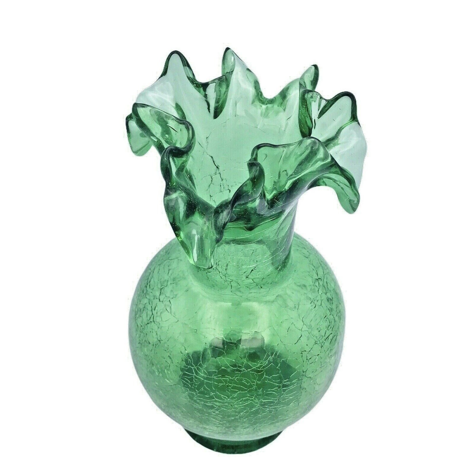 Green Vintage Crackle Glass Vase With Ruffled Crimped Rim Etsy
