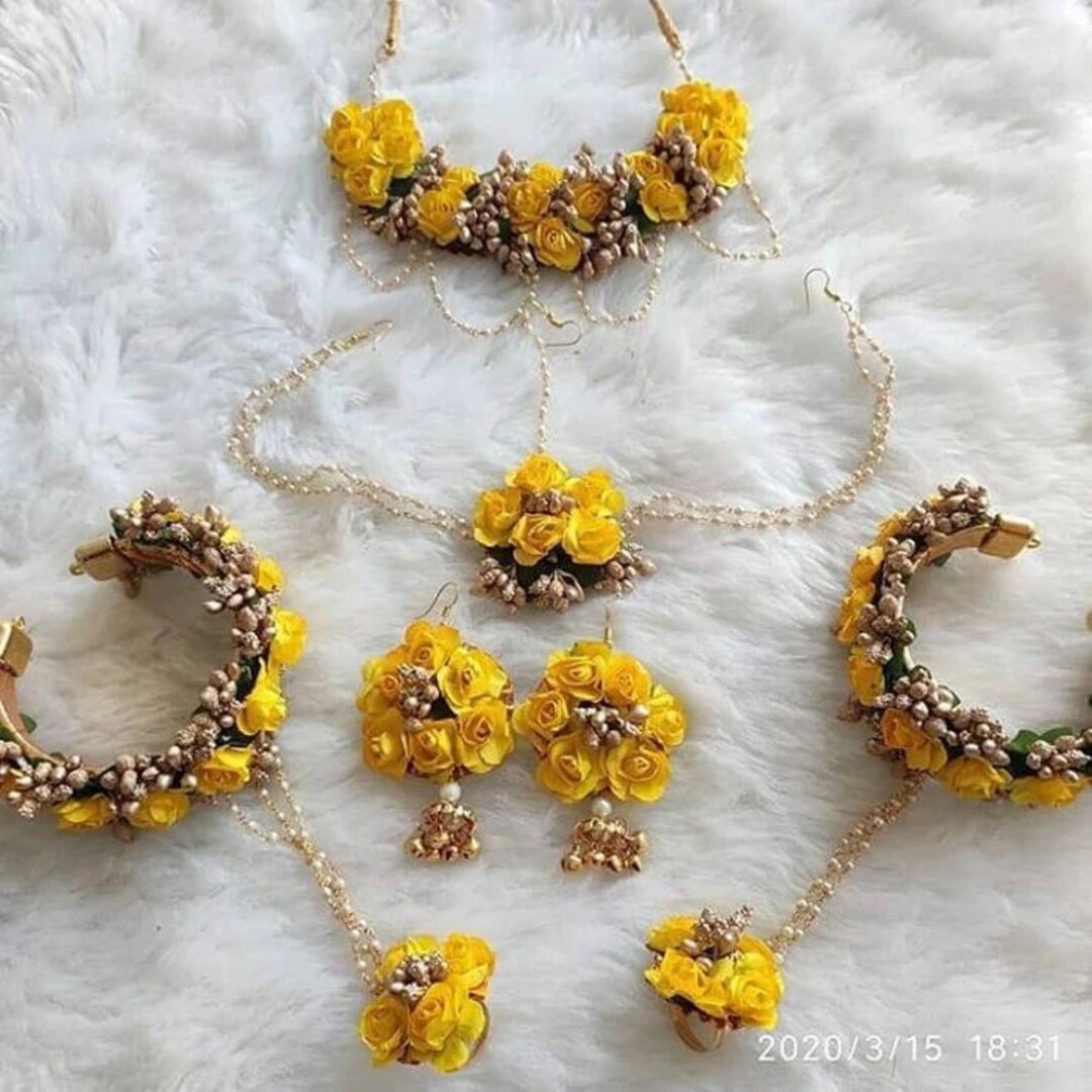 Jewelry Flower Set Women Haldi Yellow Designer Bridal Mehandi - Etsy