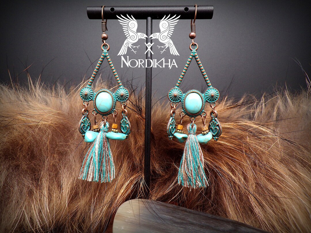 Women's Earrings, Copper Color Turquoise Stones Viking, Nordic Jewelry ...