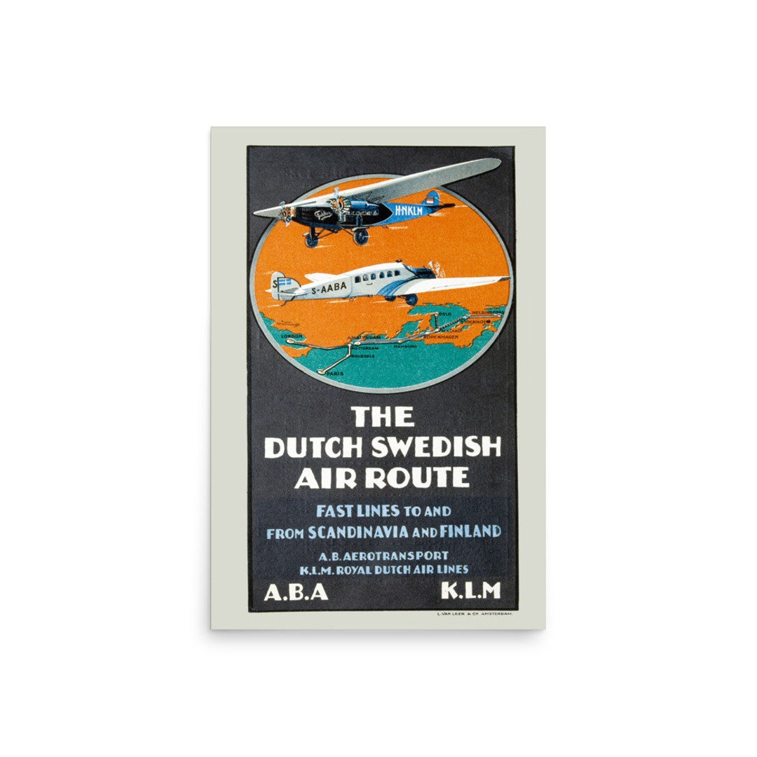 Vintage Dutch Swedish Air Route 1928 Travel Advertisement Poster Print ...