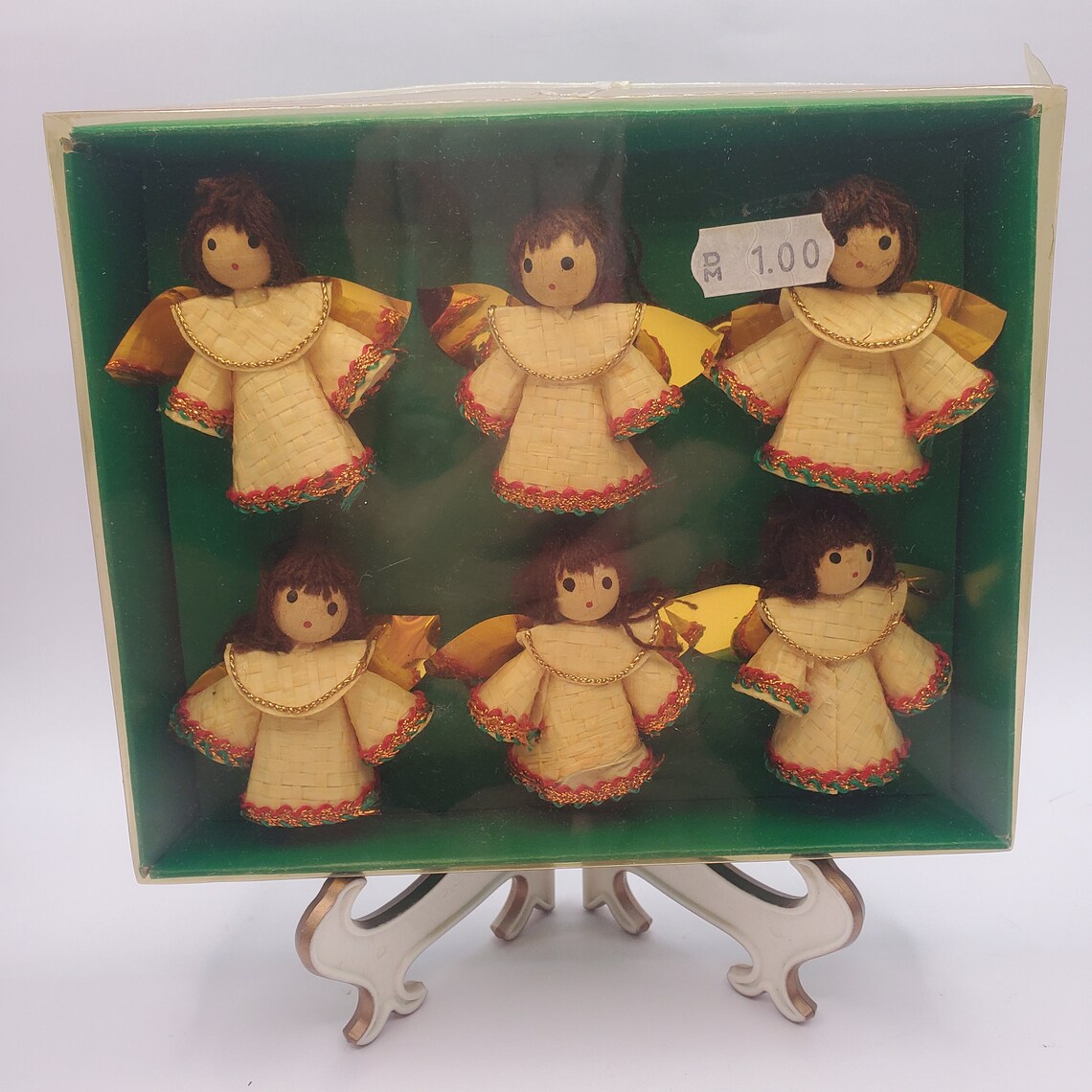 6 Sweet Little Vintage Angels With Brown Yarn Hair and Wicker Gowns and ...