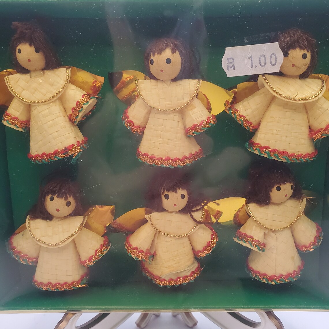 6 Sweet Little Vintage Angels With Brown Yarn Hair and Wicker Gowns and ...