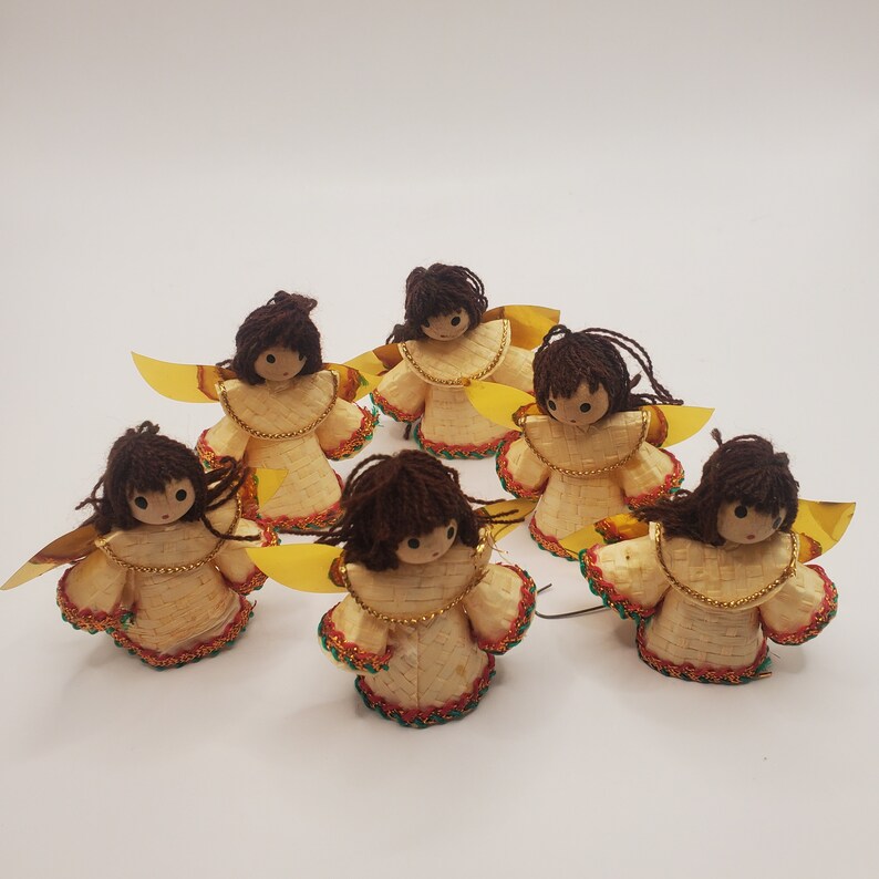 6 Sweet Little Vintage Angels With Brown Yarn Hair and Wicker Gowns and ...