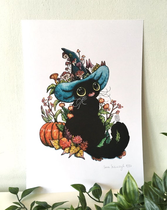 Autumn Witch Cat Art Print - Etsy