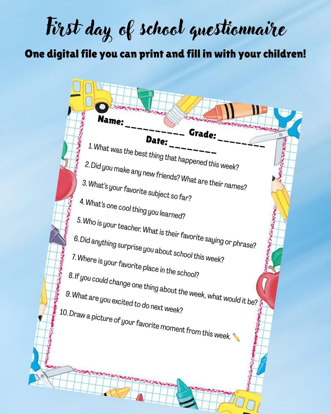Weekly Back to School Questionnaire Digital File - Etsy
