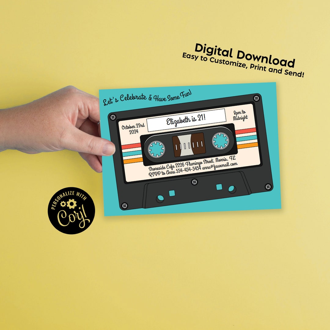 Cassette Tape Birthday Party Invitation Editable Digital Download Retro ...