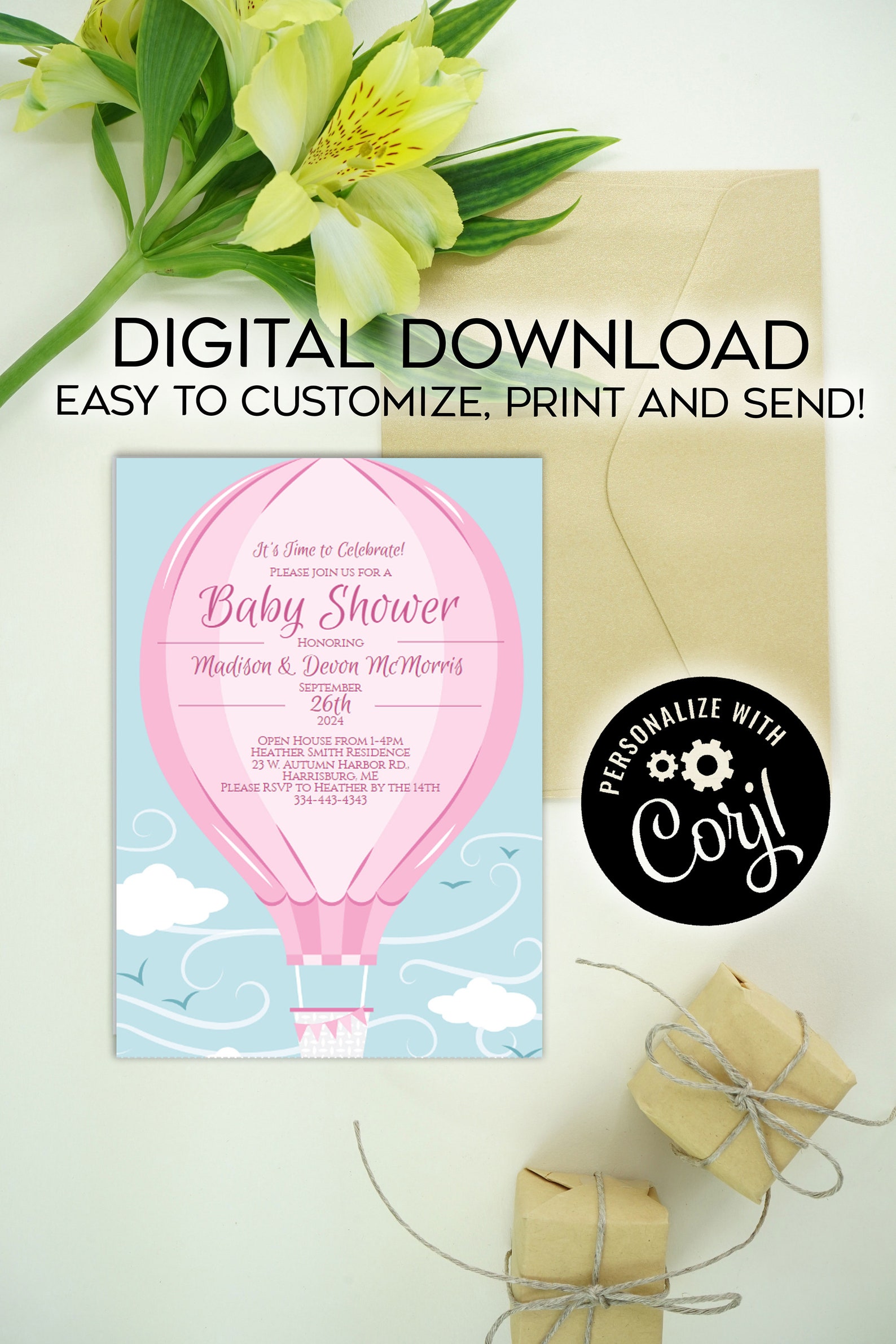 Pink Hot Air Balloon Baby Shower Invitation Editable Digital - Etsy