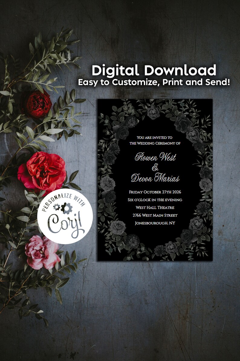 Black White Elegant Gothic Wedding Invitation Editable Digital - Etsy