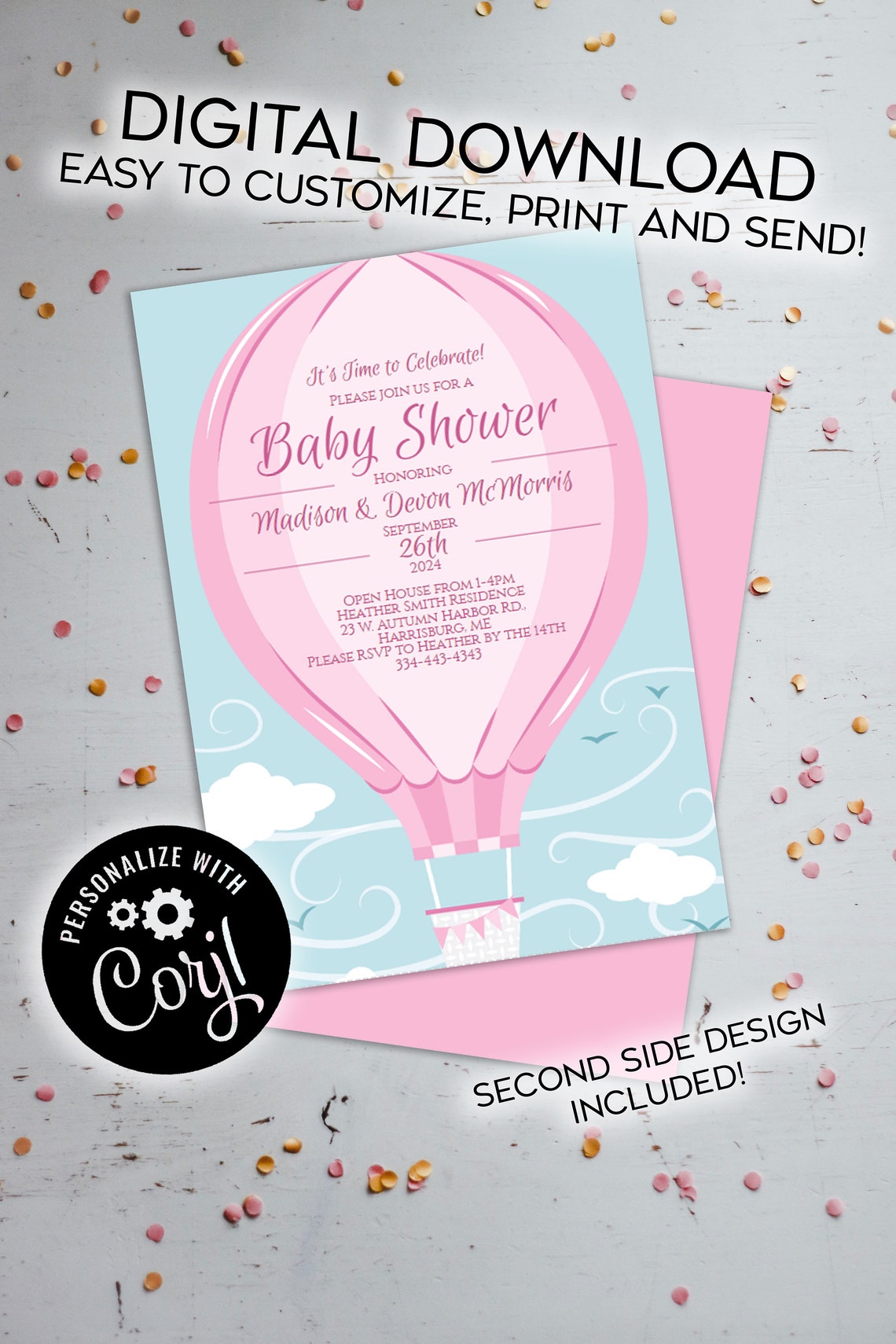 Pink Hot Air Balloon Baby Shower Invitation Editable Digital - Etsy