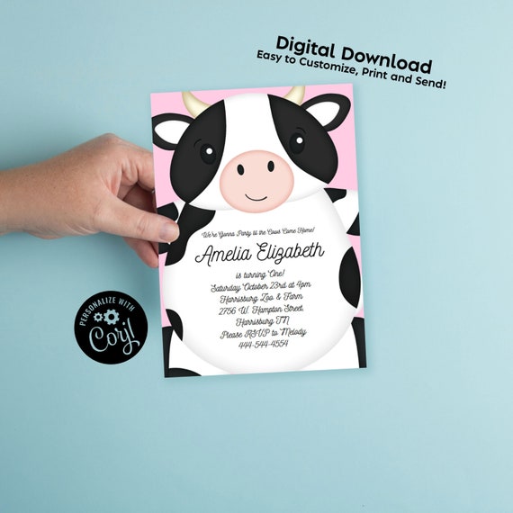 Cow Birthday Party Invitation Editable Digital Download Cute - Etsy