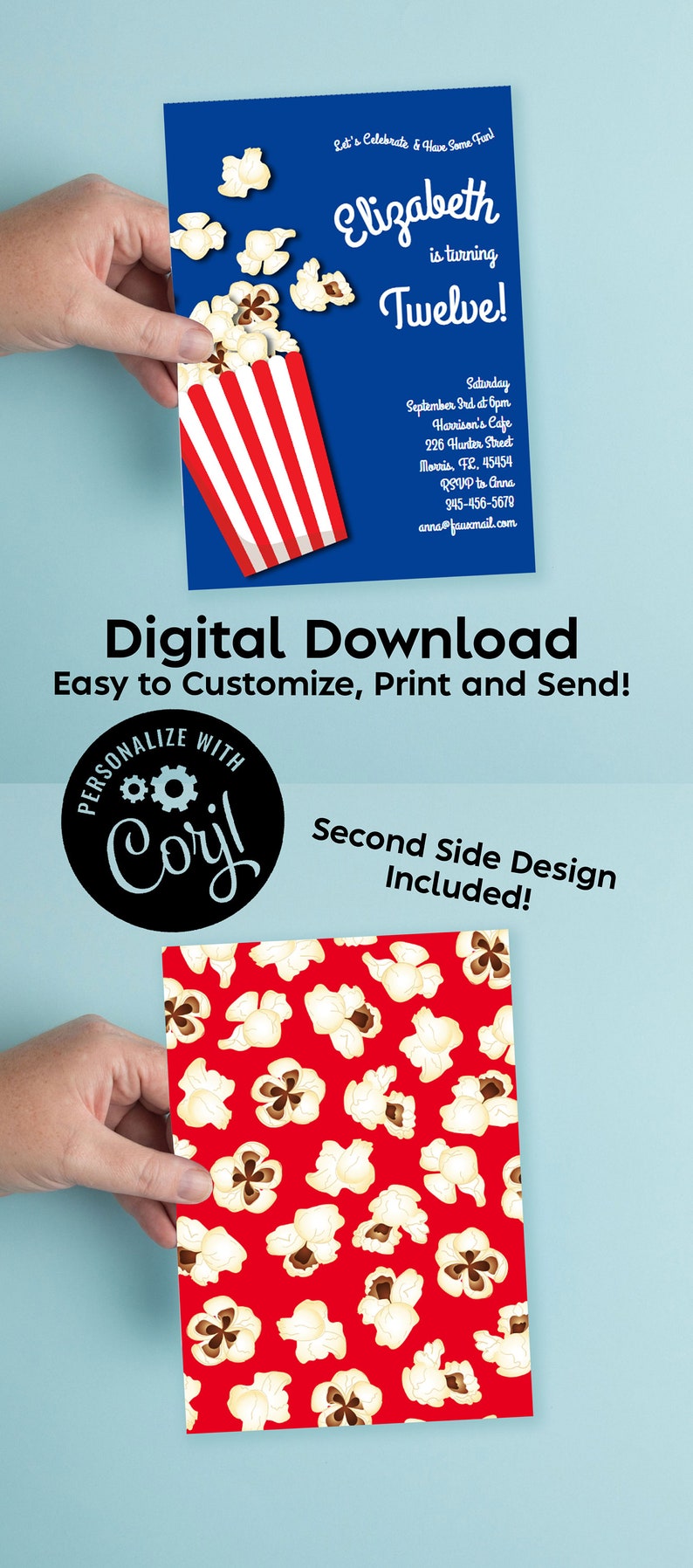Popcorn Movie Theater Invitation Birthday Party Editable Digital ...