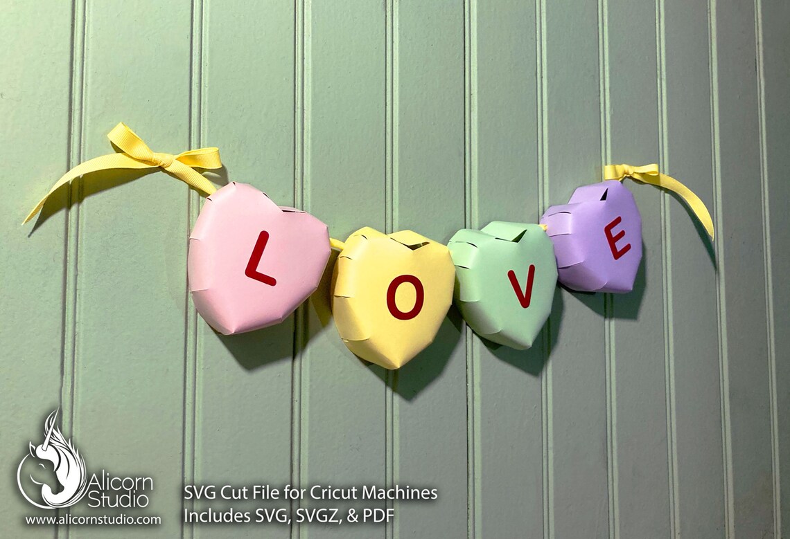 3D Paper Candy Hearts Valentine's Day Banner Bunting SVG - Etsy