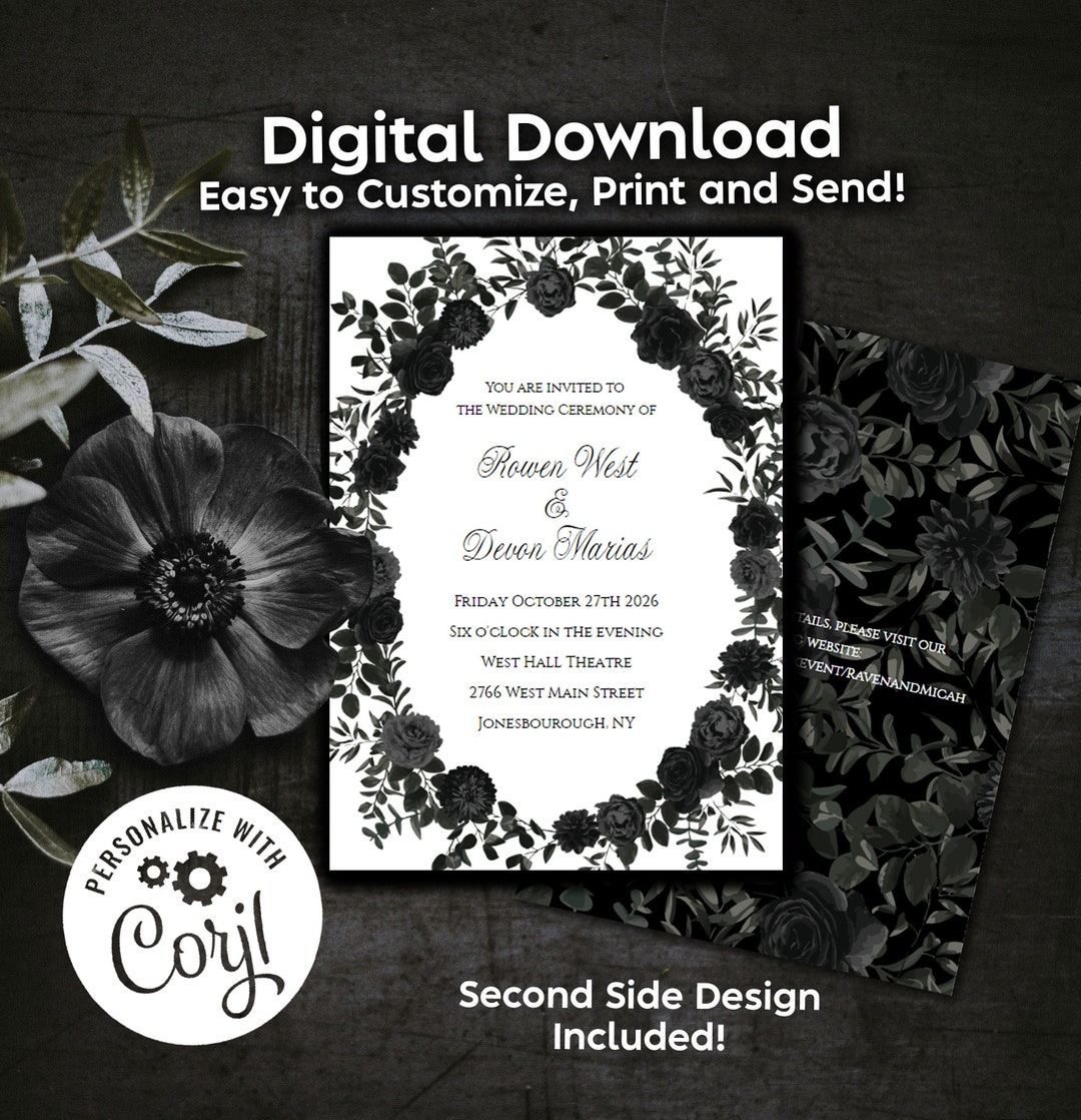White Black Elegant Gothic Wedding Invitation Editable Digital Download ...
