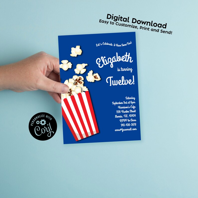 Popcorn Movie Theater Invitation Birthday Party Editable Digital ...