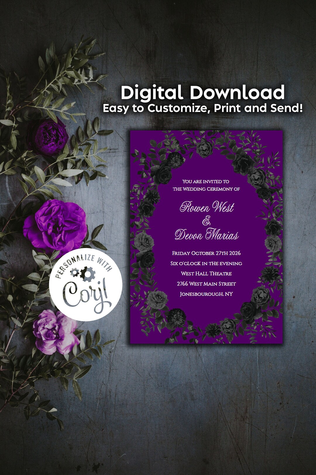 Purple Black Elegant Gothic Wedding Invitation Editable Digital ...