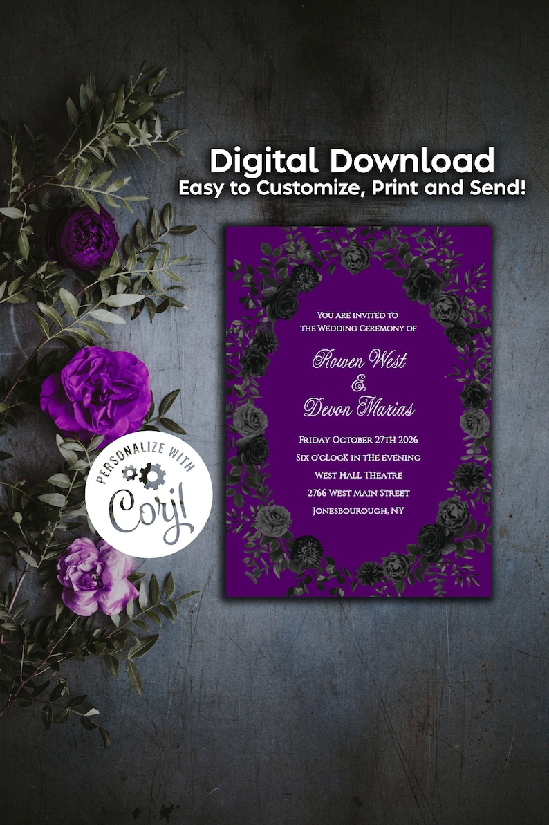 Purple Black Wedding Invitation Editable Digital Download Gothic - Etsy