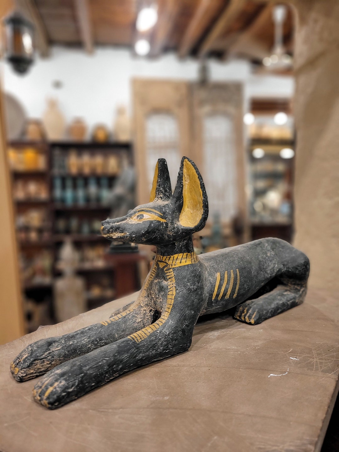 Hand-carved Wooden Egyptian Anubis Statue, Reclining, Painted, Egyptian ...