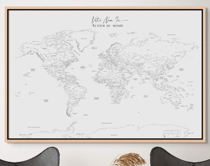 Custom World Map Wall Art in Sage Green Personalized Gift Hand-drawn ...