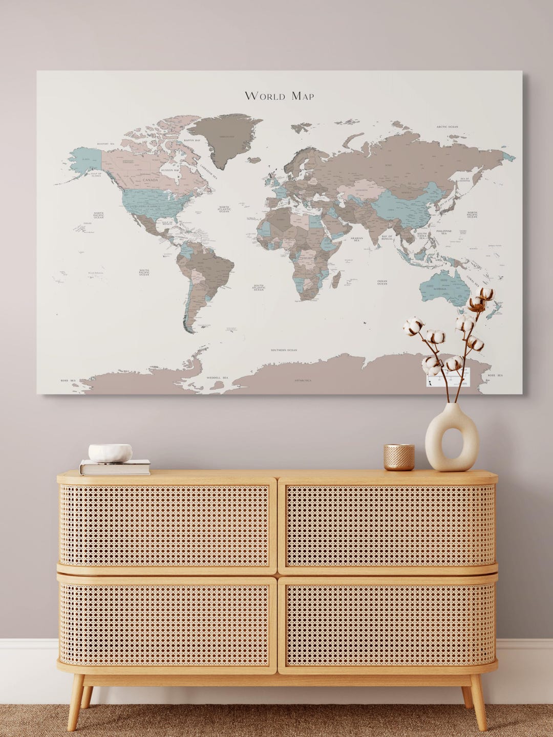 Printable Detailed World Map Beige Teal Blue Taupe for Bedroom Home ...