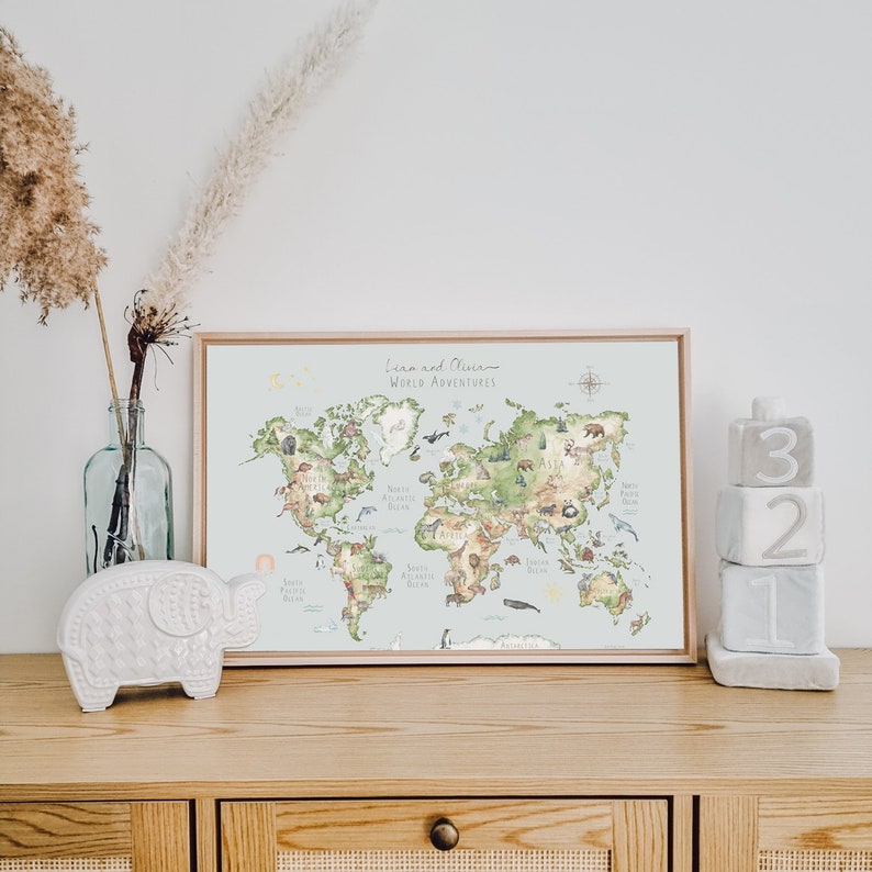 Kid's World Map Exotic Animals Watercolor World Map - Etsy Canada