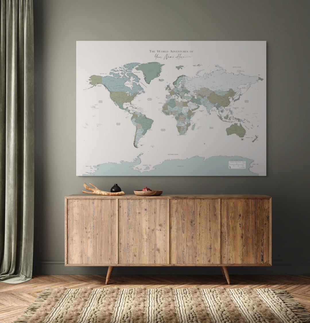 Custom Printable Detailed World Map Sage Green for Home Office Decor to ...