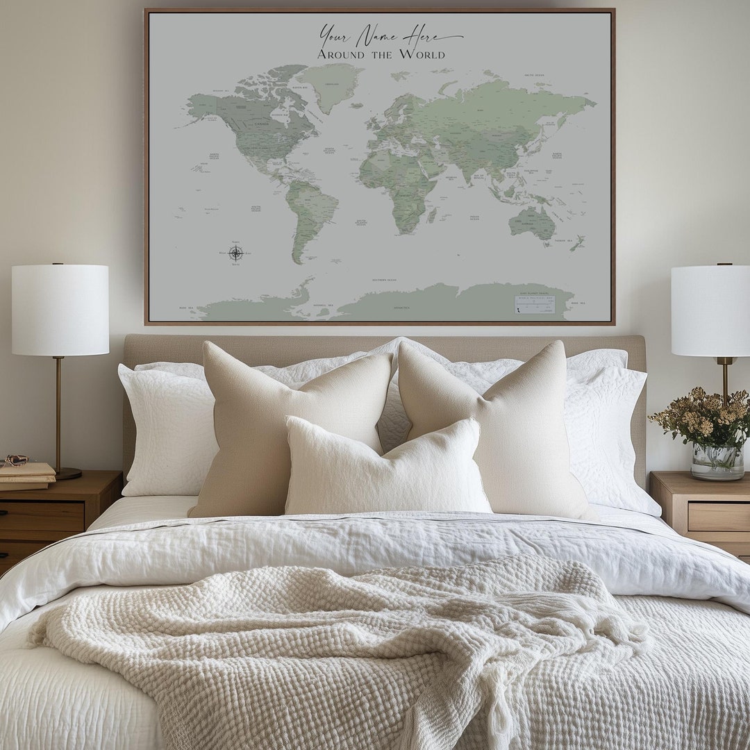 Custom Push Pin World Map Canvas Travel Tracker Map Sage Green Home ...