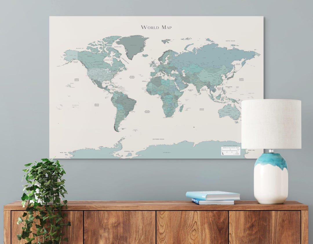 Printable Detailed World Map Blue Teal Wall Art Poster Bucket List ...