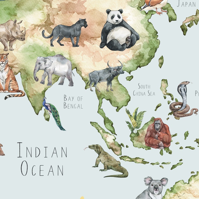 Kid's World Map Exotic Animals Watercolor World Map - Etsy Canada