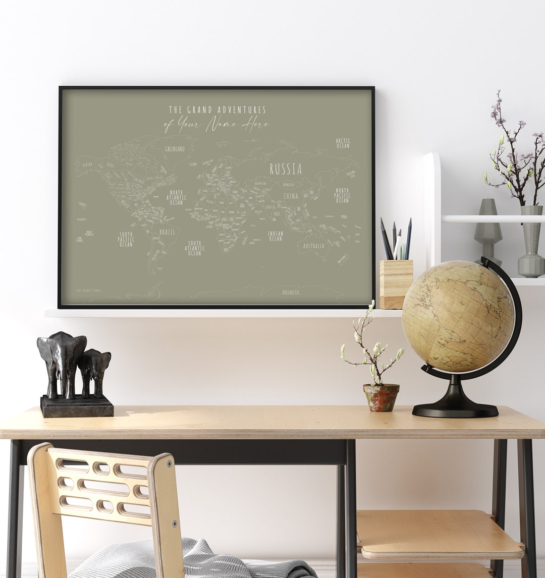 Custom World Map Wall Art in Sage Green Personalized Gift Hand-drawn - Etsy