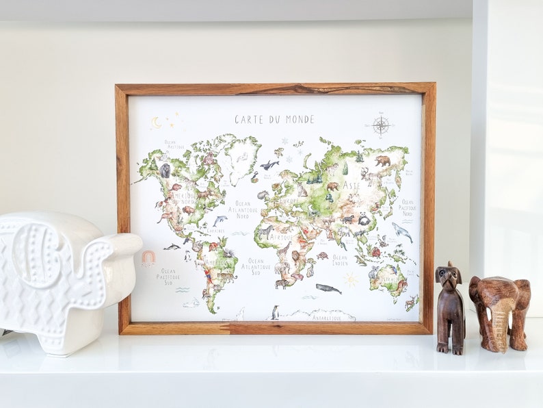 Kid's World Map Exotic Animals Watercolor World Map | Etsy