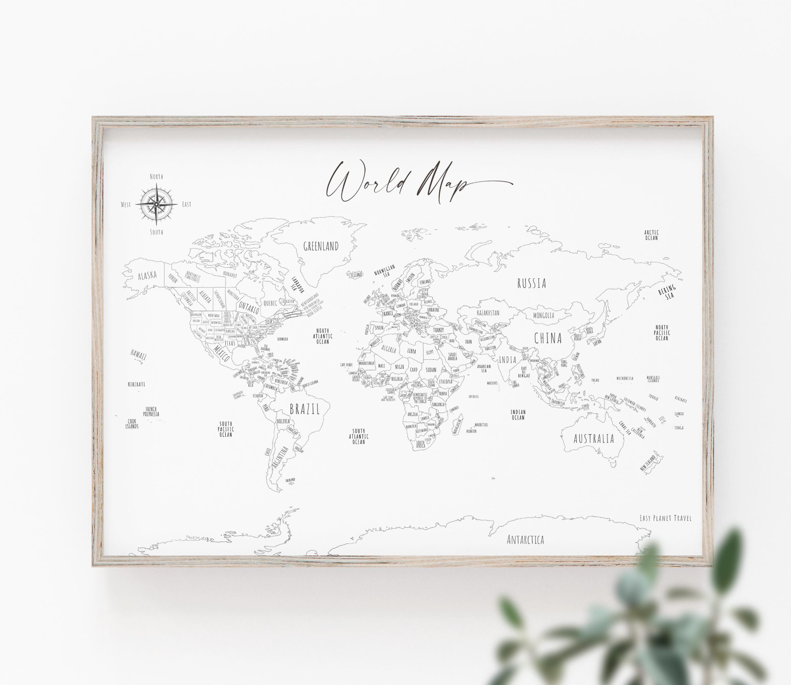 Large Printable Coloring Page World Map for Adults and Kids Minimalist ...