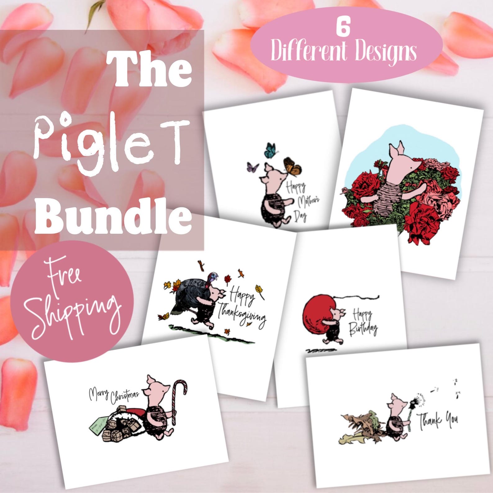 Classic Winnie the Pooh Piglet Cards Box Set, Set of 6 Piglet Cards ...