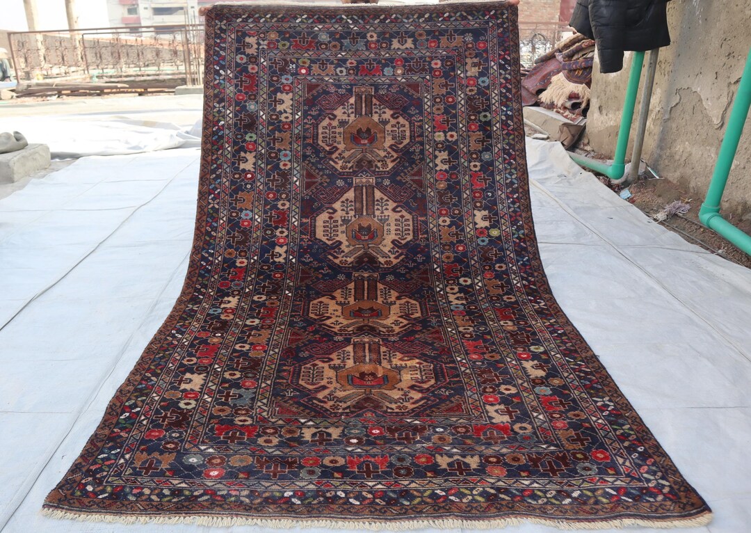 Vintage Baluchi Rug, 3'8x6'7 Ft Turkmen Hand Knotted Wool Rug, Tribal ...