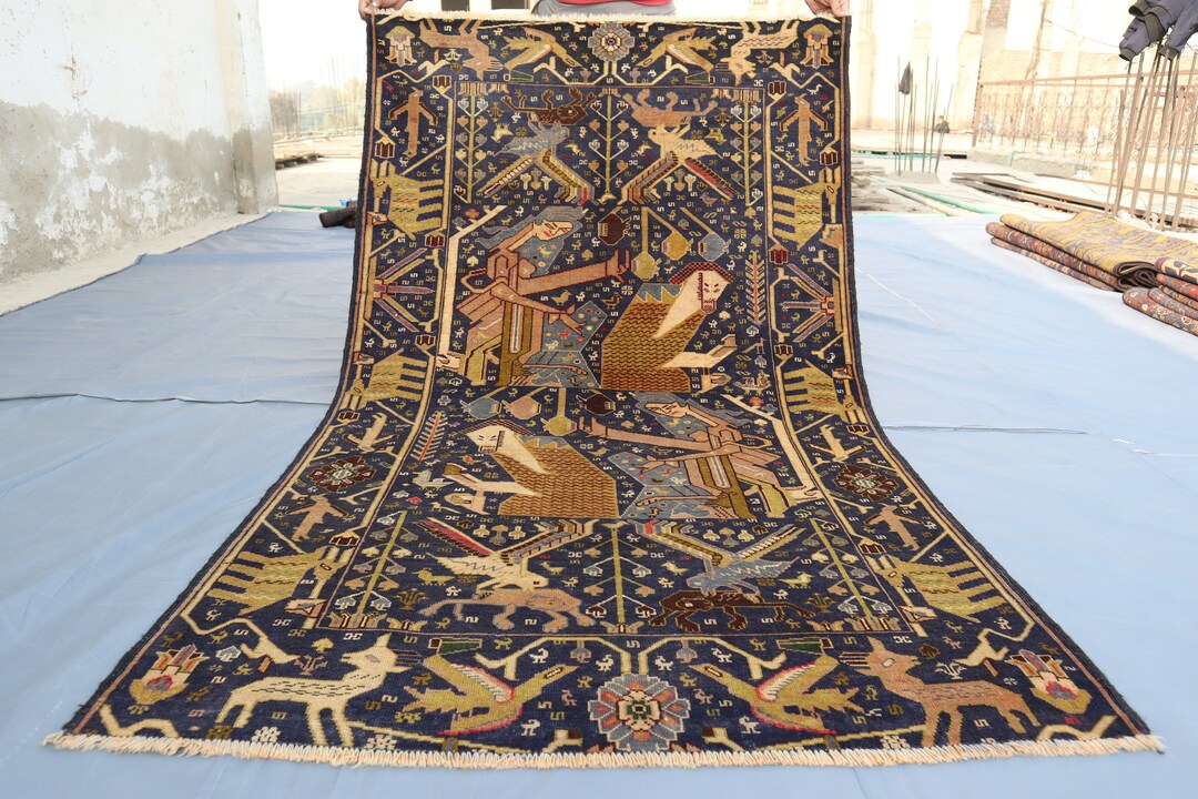 Vintage Turkmen Pattern Rug 4x7 Ft, Handmade One of a Kind Pictorial ...