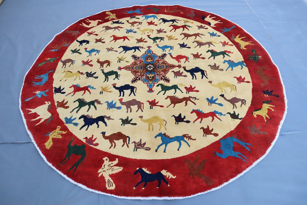 6'5x6'5 Ft Round Pictorial Rug, Animal Print Horse Camel Rug, Gabbeh ...