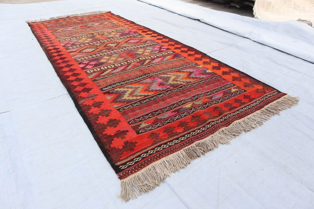 1440s Antique Soumak Kilim Rug 4x9 Ft, Geometric Striped Vintage Kilim ...