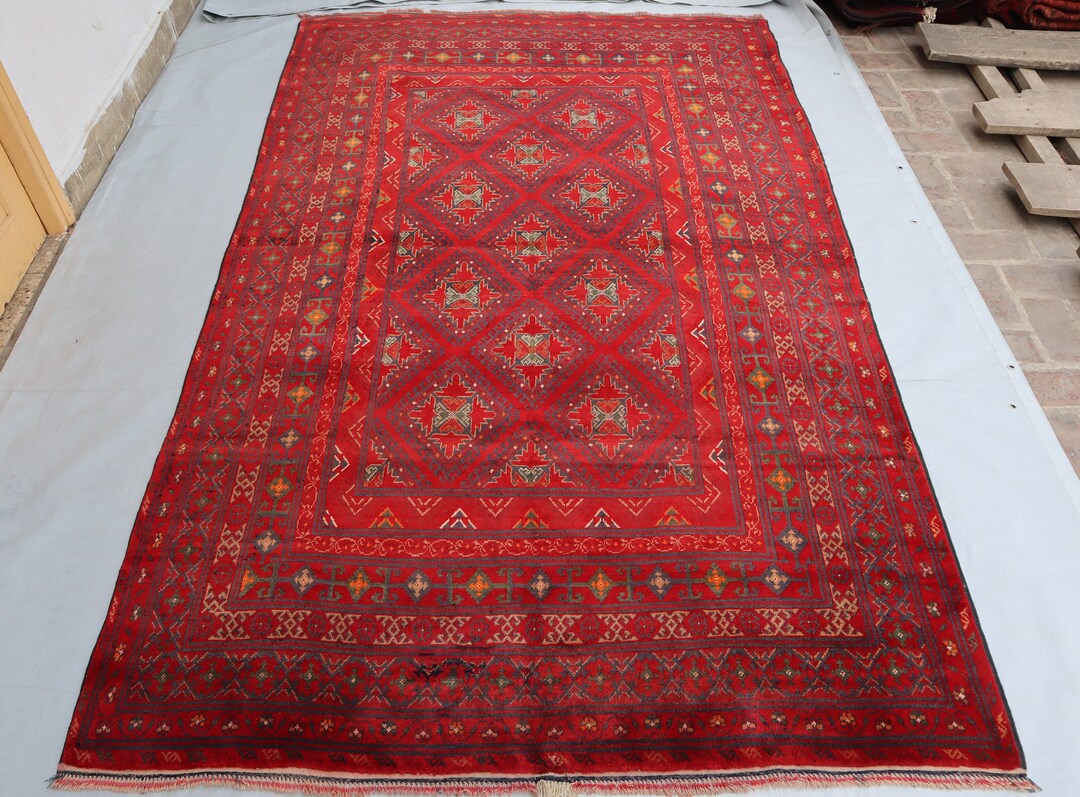 6'0 X 9'8 Ft Antique Afghan Chinar Gul Geometrical Handmade Turkmen ...
