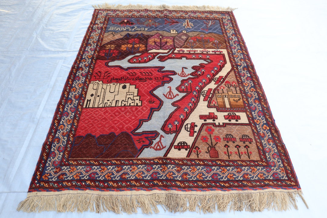 One of A Kind Pictorial Rug 5x7, Vintage Afghan Balochi Rug, Buildings ...