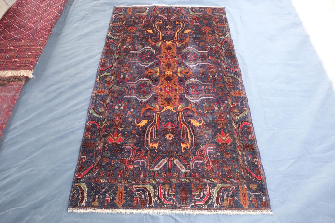 Vintage Baluchi Rug 3'8x6'5 Ft Geometric Area Rug, Afghan Handmade High ...