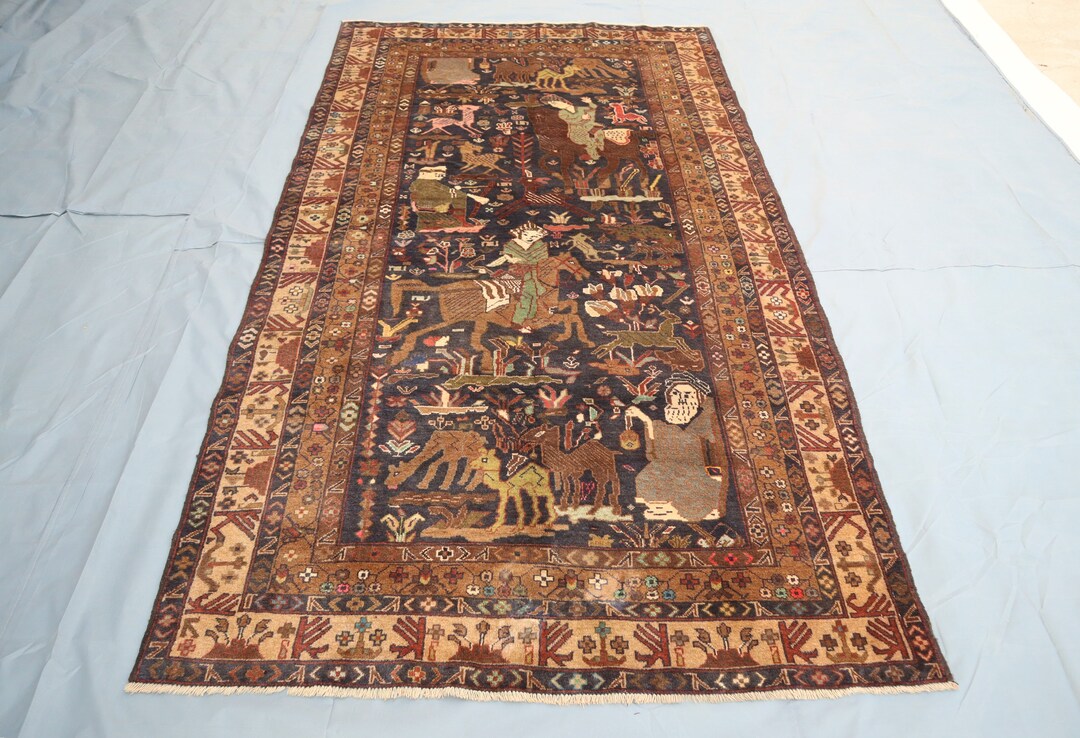 Antique Pictorial Rug 5x9 Ft, Afghan Vintage Pictorial Rug, Horse ...