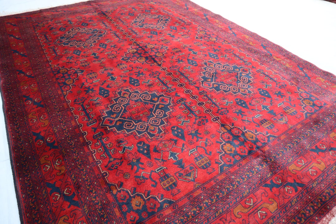 Red Turkmen Bokhara Rug 7x10, Geometric Afghan Bukhara Rug, Large ...