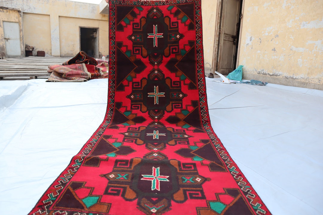 6.6 X 2.5 Afghan Vintage Balochi Rug, Tribal Beluchi Rug, Handmade Wool ...