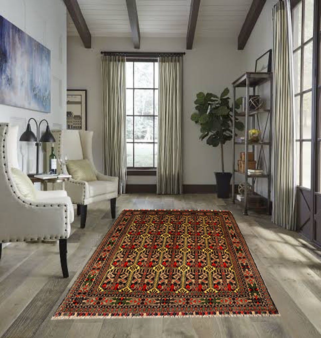 Afghan Area Rug 4.8 X 3.2 Ft, Oriental Turkmen Hand Knotted Wool Area ...