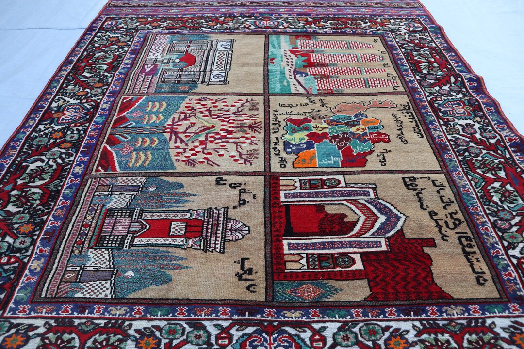 Antique 5x6 Ft Pictorial Rug, Historical Places Area Rug, Handmade ...