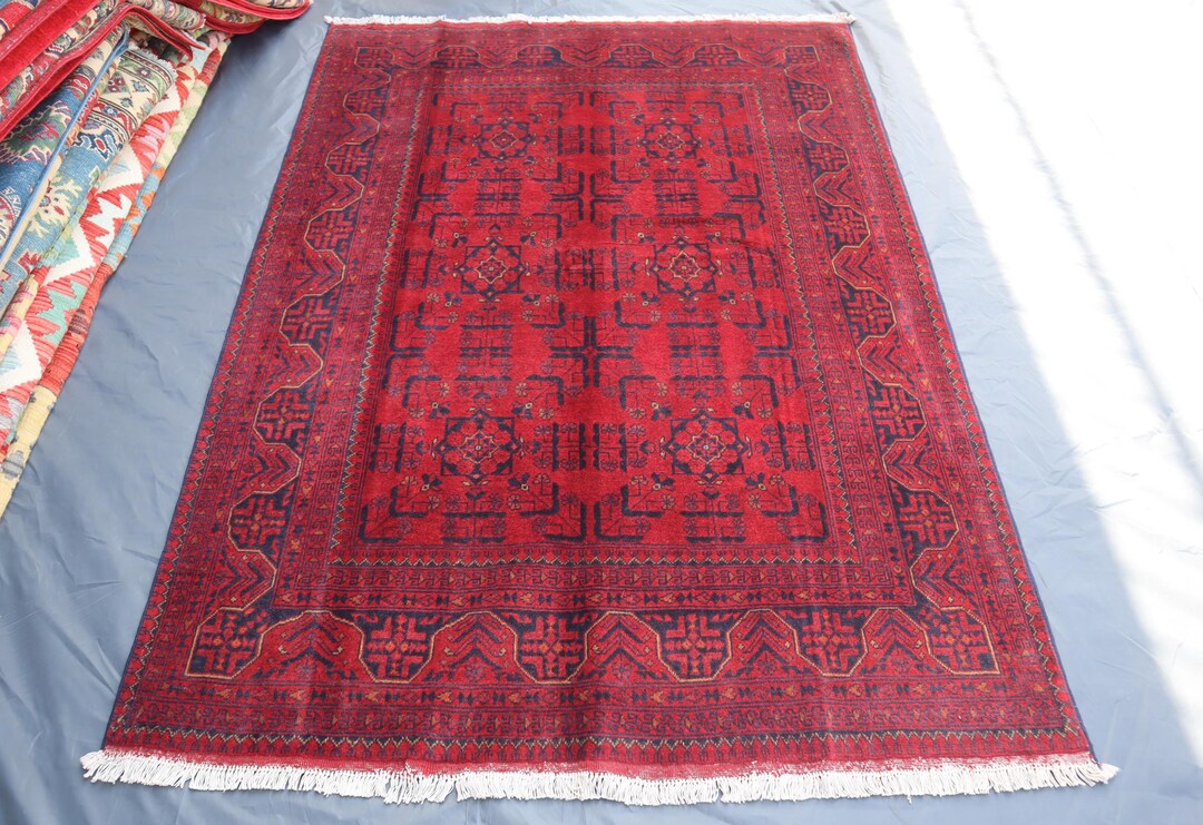 Large Red Afghan Area Rug, 4'9x6'9 Hand Knotted Rug, Oriental Rug ...