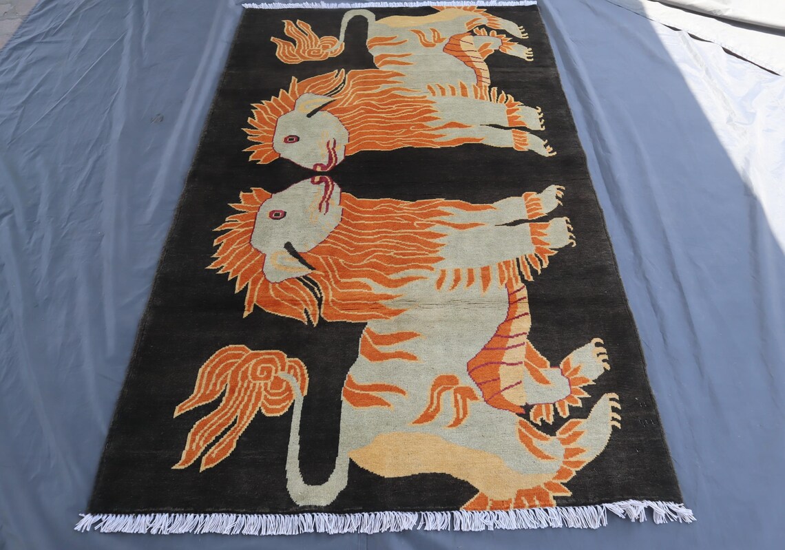 Pictorial Hunting Scene Rug 4'3x6'7 One of a Kind Afghan Handmade Wool ...