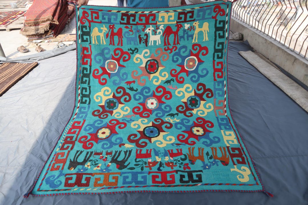 5'2x6'4 Ft Blue Suzani Textile, Uzbek Hand Embroidered Suzani Bedspread ...