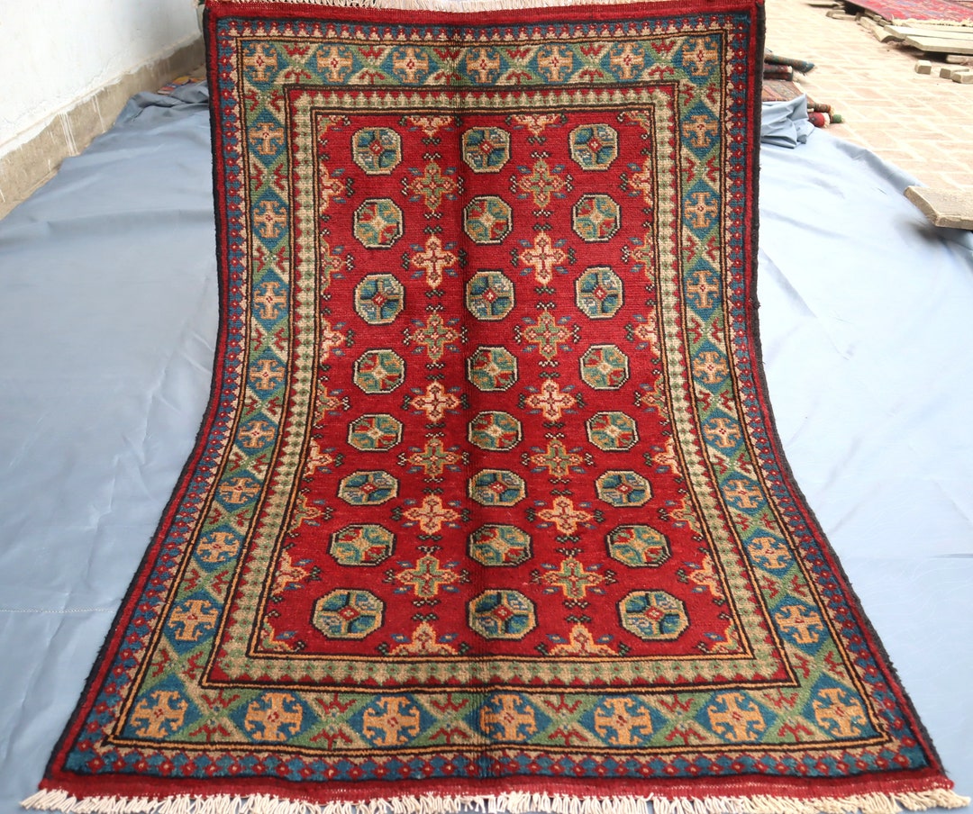4'10x3.4 Ft Tribal Afghan Bukhara Rug, Hand Knotted Turkmen Wool Rug ...