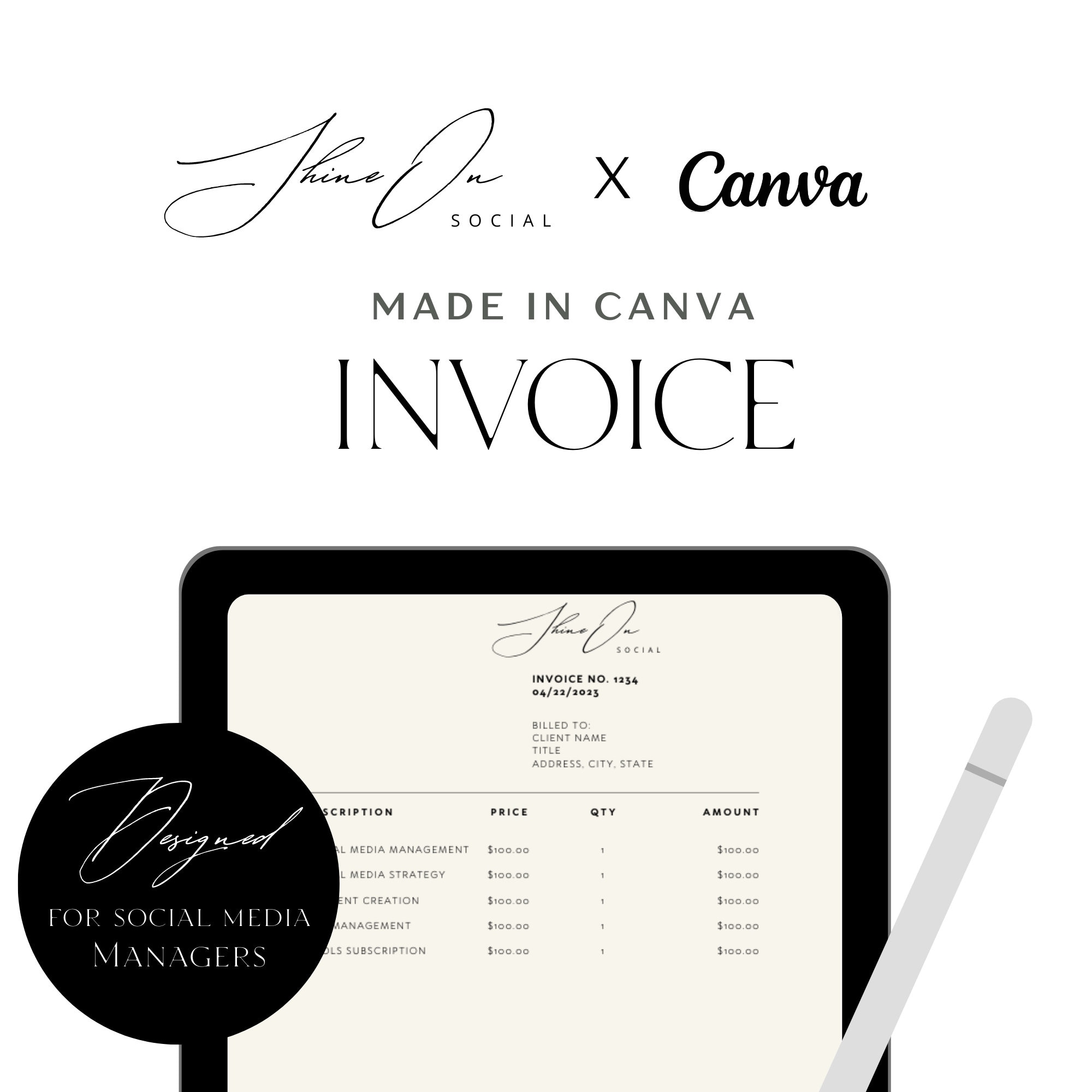 Social Media Manager Invoice, Canva Template - Etsy
