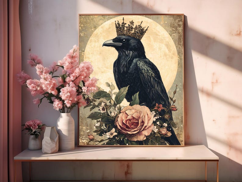 Gothic Raven Norse Folk Art Print | Crown & Roses | Dark Academia ...